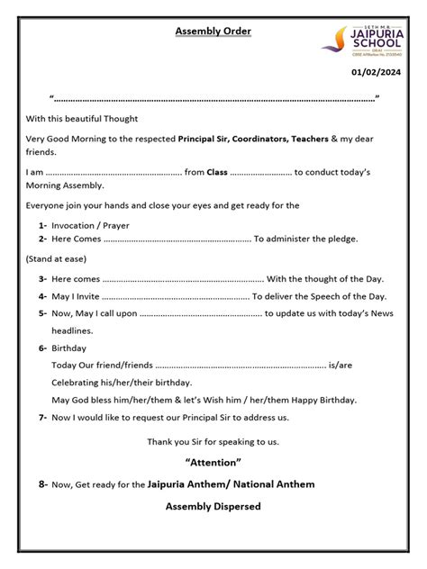 Morning Assembly Order Script Pdf