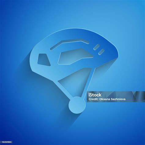 파란색 배경에 분리된 자전거 헬멧 아이콘을 종이 잘라냅니다 익스트림 스포츠 스포츠 장비 종이 아트 스타일 벡터 3차원 형태에