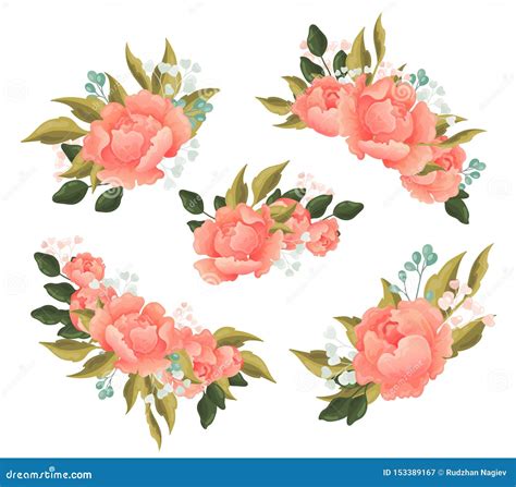 Set Of Pretty Pink Rose Floral Elements For A Design Template With