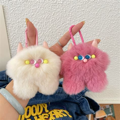 Hadlook 우유 귀여운 만화 귀여운 송아지 렉스 토끼 머리 키 체인 봉제 인형 가방 펜던트 인형