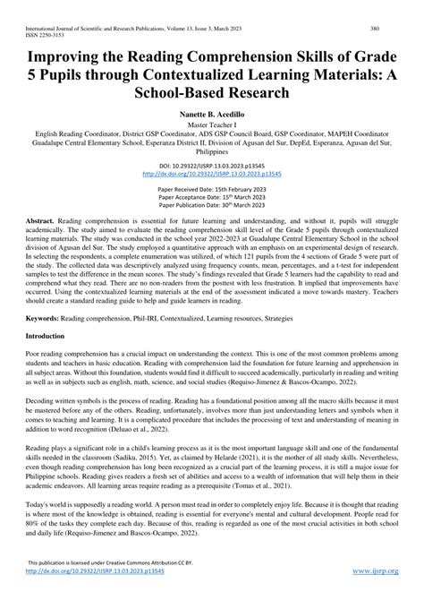 Pdf Improving The Reading Comprehension Skills Of Grade 5 Pupils