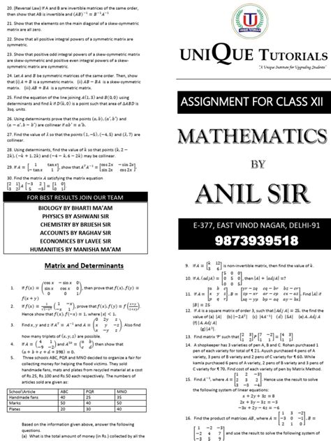 Assignment Of Matrix And Determinants Pdf Determinant Matrix