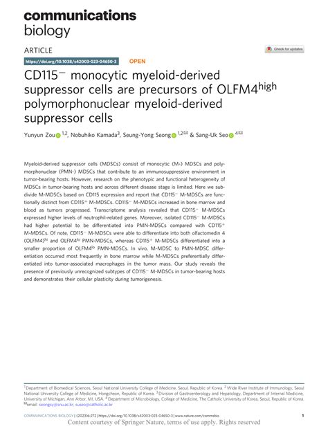 Pdf Cd115 Monocytic Myeloid Derived Suppressor Cells Are Precursors Of Olfm4 Polymorphonuclear