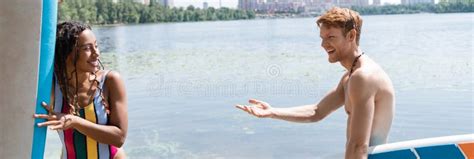 Excited And Redhead Man Pointing At Stock Image Image Of Excited Interracial