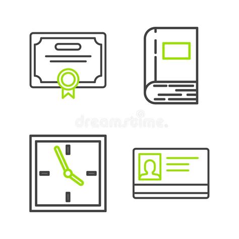 Set Line Identification Badge Clock Book And Certificate Template Icon Vector Stock