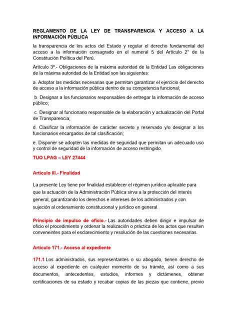 Reglamento De La Ley De Transparencia Y Acceso A La Información Pública