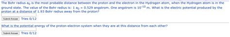 Solved The Bohr Radius A0 ﻿is The Most Probable Distance