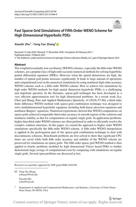 Fast Sparse Grid Simulations Of Fifth Order Weno Scheme For High