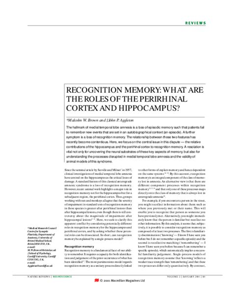 Pdf Recognition Memory What Are The Roles Of The Perirhinal Cortex And Hippocampus