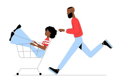 남자는 재미 쇼핑 경험 및 소매를 상징하는 플랫 벡터 일러스트 레이 션에서 드레스를 들고 여자와 함께 쇼핑 카트를 밀고 흰색 배경에 고립 고객에 대한 스톡 벡터 아트 및
