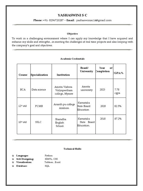 Yashaswini S C Resume Pdf Software Software Engineering