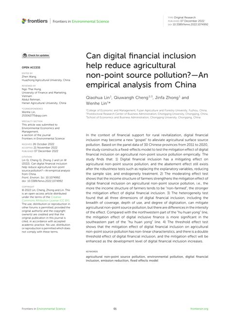 Pdf Can Digital Financial Inclusion Help Reduce Agricultural Non Point Source Pollution—an