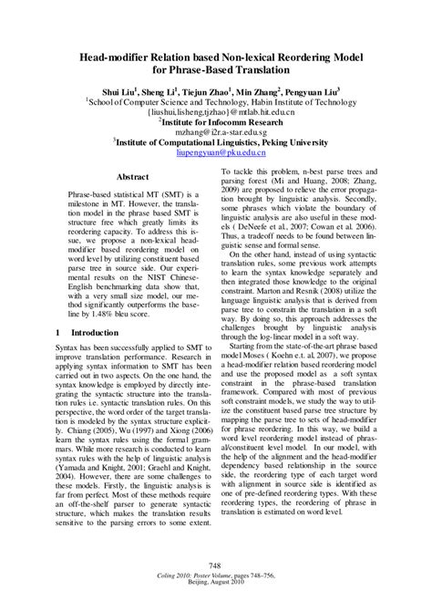 Pdf Head Modifier Relation Based Non Lexical Reordering Model For