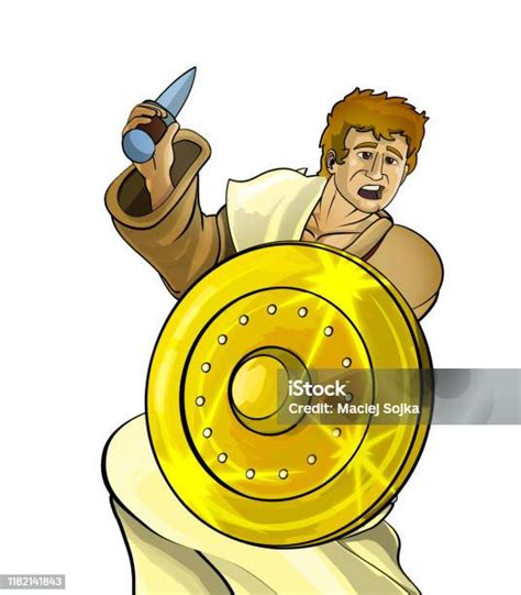 흰색 배경에 로마 또는 그리스 고대 문자 전사 또는 검투사와 만화 장면 검투사에 대한 스톡 벡터 아트 및 기타 이미지 검투사