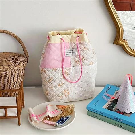 Hylhexyr 코튼 드로스트링 핸드백 소녀 엄마 가방 레이스 깨진 꽃 버킷 숄더백 패치워크 색상 대비 토트