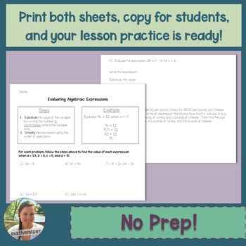 Evaluating Algebraic Expressions Practice Worksheet By Mathemizer