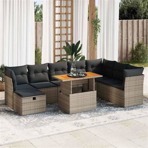 9 Piece Garden Sofa Set With Cushions Poly Rattan Acacia Vidaxl Grey