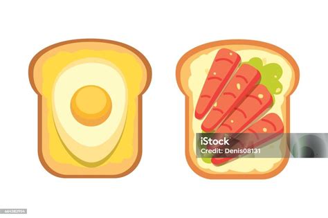설정된 토스트와 샌드위치 아침 식사입니다 잼 달걀 치즈 블루베리 땅콩 버터 살라미 물고기와 빵 토스트 평면 벡터 일러스트입니다 감자 칩에 대한 스톡 벡터 아트 및 기타
