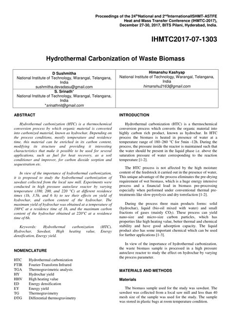 PDF Hydrothermal Carbonization Of Waste Biomass