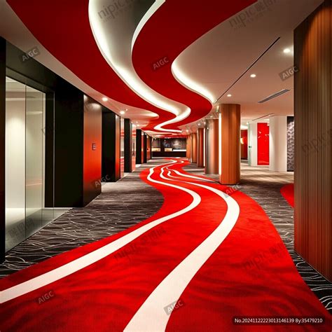 Ai创作图酒店红地毯 红白渲染迎宾区 展厅红地毯 前台走廊过道背景画面 红色飘带吊顶 复杂走廊地毯 酒店设计红色主题 现代地毯走廊 白红简约迎宾区 印花走廊地毯 高品质走廊地毯 红白效果图
