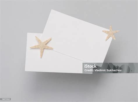 회색 배경에 브랜딩과 불가사리를 위한 흰색 빈 명함 프레젠테이션 및 기업 아이덴티티를 위한 창의적인 모형 여행사 평면도 개념에 대한 스톡 사진 및 기타 이미지 Istock