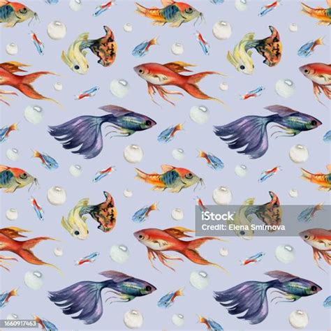 손으로 그린 수채화 수족관 물고기 조류 Sealife 해양 이국적인 수중 그림입니다 색상 배경에 분리된 매끄러운 패턴입니다 상점 브로셔 인쇄물 카드 벽 예술 직물을 위한