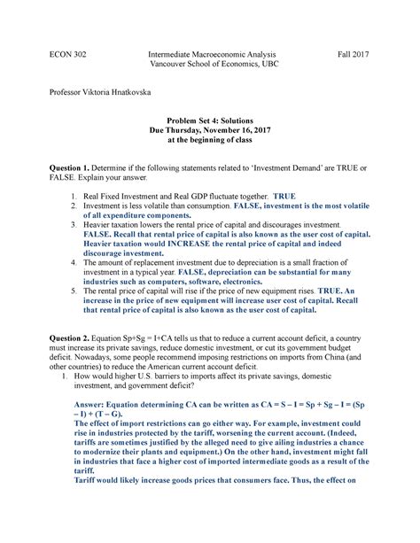 ECON302PS4 Solutions To Problem Set 4 ECON 302 Intermediate Macroeconomic Analysis Fall 2017