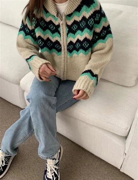 둥근 카라 펌킨 지그재그 노르딕 패턴 니트 집업 가디건 자켓 3color