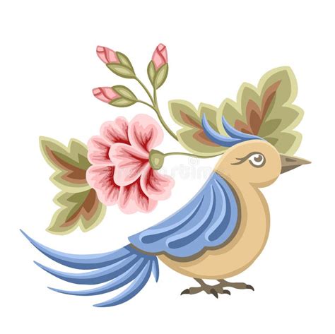 Blue Bird With A Crest And Pink Flowers Hand Drawn Vector Stock
