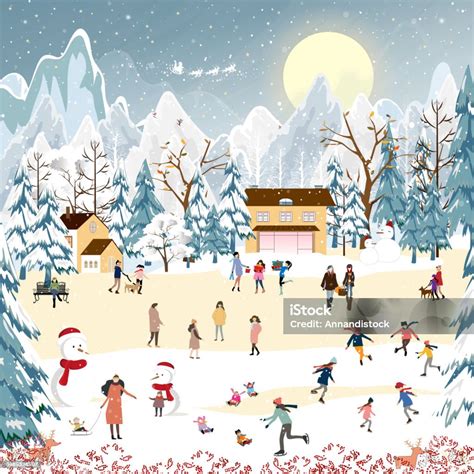 마을의 크리스마스 밤에 눈이 내리는 겨울 풍경 벡터 배너 공원에서 행복한 사람들 축하 메리 크리스마스 2024년 새해 카드 배경 놀기에 대한 스톡 벡터 아트 및 기타 이미지