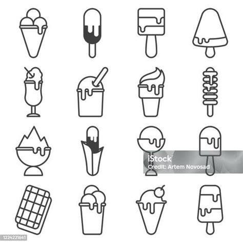 약간 녹은 아이스크림 아이콘 세트입니다 컵에 아이스크림의 다양한 옵션과 유형 최소한의 선형 설계 흰색 배경에 격리된 벡터입니다 다양에 대한 스톡 벡터 아트 및 기타 이미지