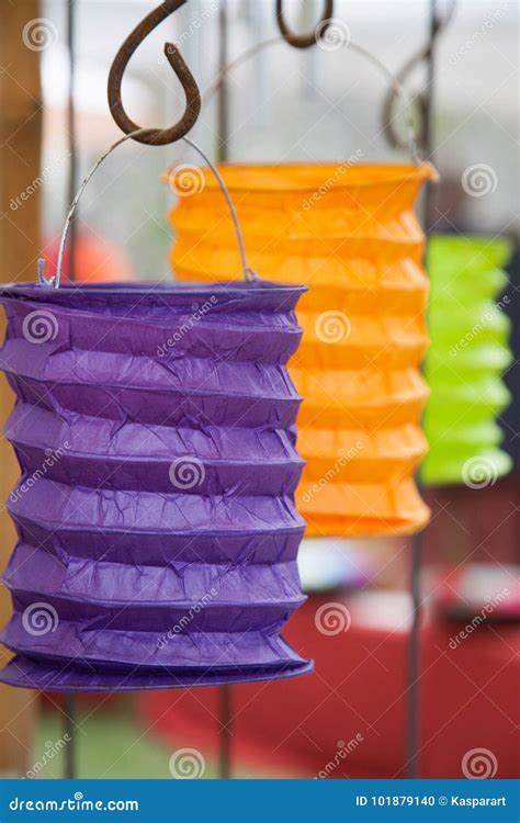 Colorful Paper Lanterns Hanging On Hooks Stock Photo Image Of Purple Festival 101879140