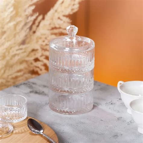 ᐉ Цукерниця трирівнева скляна з кришкою ребриста Прозорий Hp Yh 16 • Краща ціна в Києві