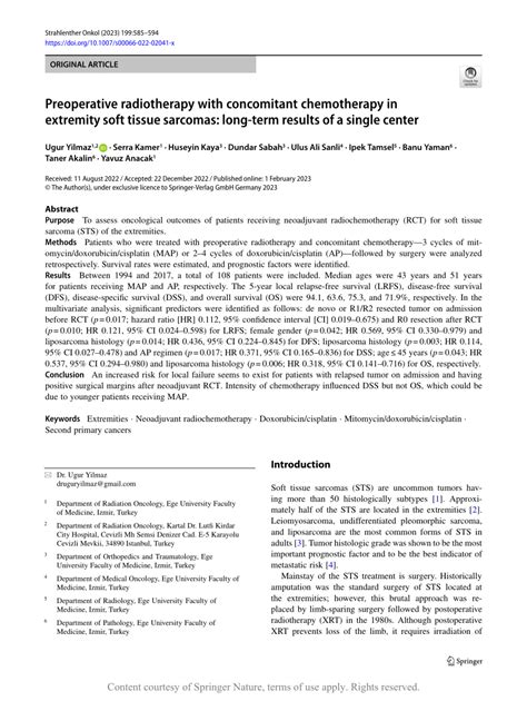 Preoperative Radiotherapy With Concomitant Chemotherapy In Extremity Soft Tissue Sarcomas Long