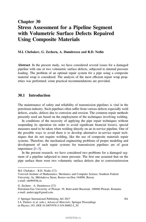 Pdf Stress Assessment For A Pipeline Segment With Volumetric Surface Defects Repaired Using