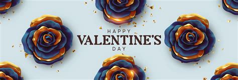 해피 발렌타인 데이 사실적인 3d 꽃 금속 장미 어두운 파란색과 금색 반짝이 황금 색종이와 배경 꽃 봉오리의 패턴입니다 웹