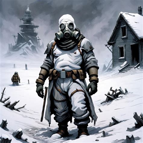 Winter Snowman Made With Grey Snow Gas Mask Lays Forgotten Masterpiece Scenery