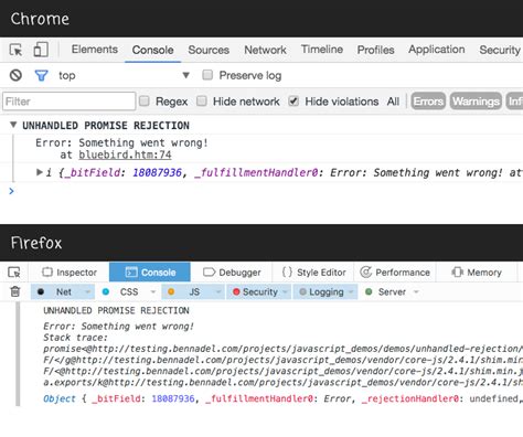 logging and debugging unhandled promise rejections in the browser