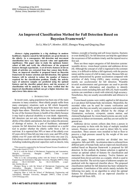 Pdf An Improved Classification Method For Fall Detection Based On Bayesian Framework
