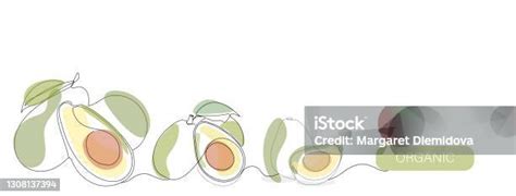 라벨 디자인을위한 아보카도 벡터 색상 일러스트레이션 배경 배너 글자화 와 아보카도의 하나의 연속 라인 그리기 유기농 편집 가능한