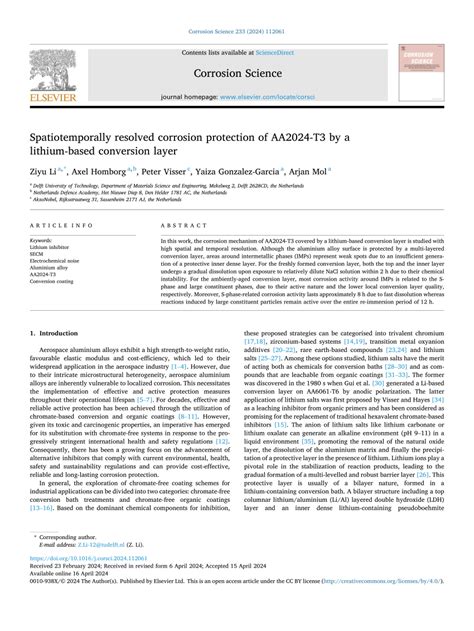 Pdf Spatiotemporally Resolved Corrosion Protection Of Aa2024 T3 By A Lithium Based Conversion