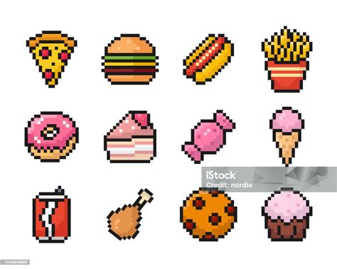 패스트 푸드 픽셀 아트 아이콘 빈티지 8 비트 80 년대 90 년대 게임 컴퓨터 아케이드 게임 아이템 쿠키 아이스크림 사탕 벡터 일러스트 레이션 모자이크 처리에 대한 스톡