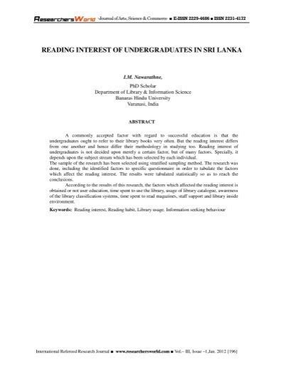Reading Interest Of Undergraduates In Sri Lanka Researchers World