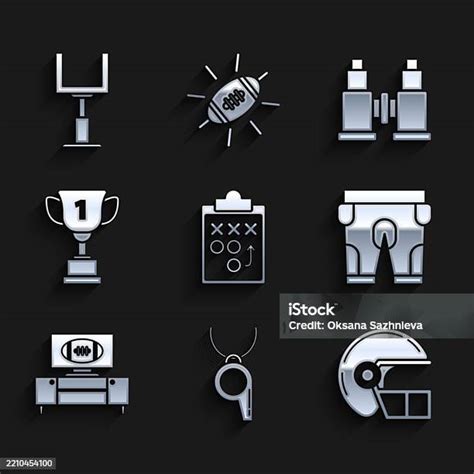 계획 전략 개념 호루라기 미식 축구 헬멧 반바지 Tv 프로그램 및 스탠드 수상 컵 쌍안경 및 골 포스트 아이콘을 설정합니다 벡터 검색에 대한 스톡 벡터 아트 및 기타 이미지