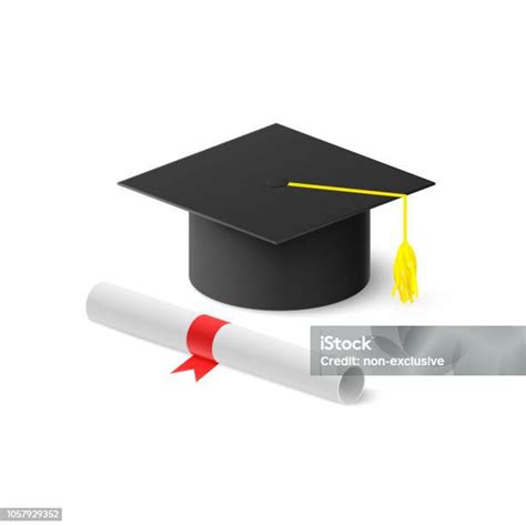 현실적인 졸업 모자와 빨간 리본을 압 연된 디플로마 벡터 일러스트 레이 션 흰색 배경에 고립 개념에 대한 스톡 벡터 아트 및 기타 이미지 Istock