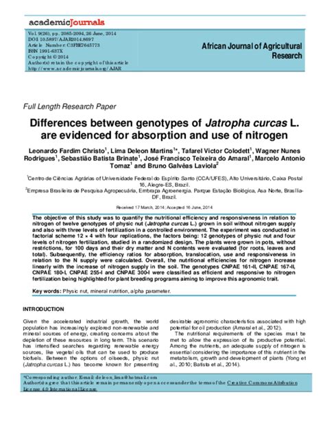 Pdf Differences Between Genotypes Of Jatropha Curcas L Are Evidenced For Absorption And Use