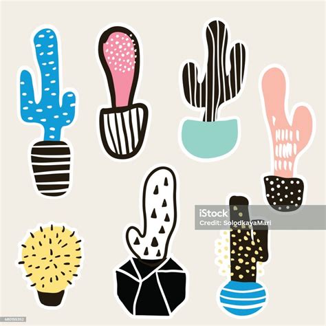 창의적인 선인장 설정합니다 클립 아트 손으로 그려진 현대 Cactusin 냄비 스티커 인쇄에 대 한 준비 디자인입니다 벡터 일러스트 레이 션 개성 개념에 대한 스톡 벡터