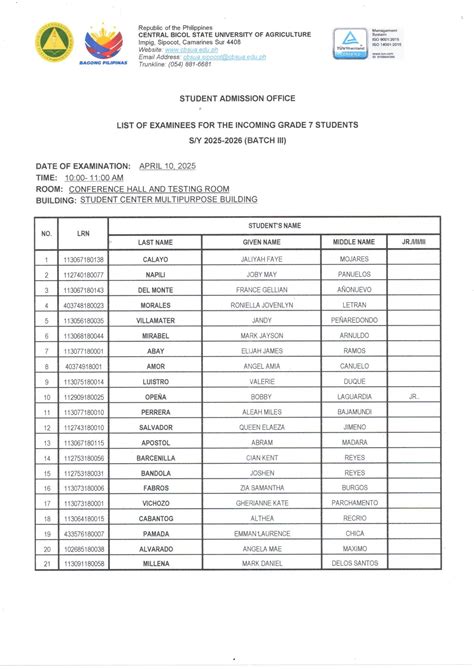 Cbsua 𝐀𝐓𝐓𝐄𝐍𝐓𝐈𝐎𝐍 Below Is The 𝗟𝗜𝗦𝗧 𝗢𝗙 𝗘𝗫𝗔𝗠𝗜𝗡𝗘𝗘𝗦 𝗦𝗶𝗽𝗼𝗰𝗼𝘁 𝗖𝗮𝗺𝗽𝘂𝘀 For Incoming 𝗚𝗥𝗔𝗗𝗘 𝟳 𝗦𝗧𝗨𝗗𝗘𝗡𝗧𝗦