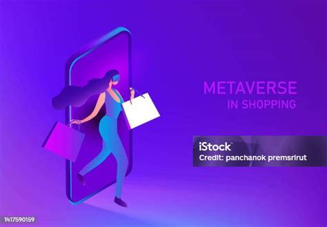 메타 버스 가상 현실 쇼핑 메타버스 벡터 일러스트레이션에서 쇼핑에서 3d 경험을 가진 Vr 고글을 입은 여성 메타버스에 대한 스톡 벡터 아트 및 기타 이미지 Istock
