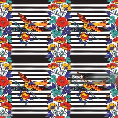 원활한 이국적인 조류와 식물 비행 테두리 프레임 열 대 꽃 인쇄 줄무늬 패턴 형상 복고풍 배경 벡터 디자인 패션 셔츠 직물 인사말 카드 초대장 웨딩 0명에 대한 스톡 벡터